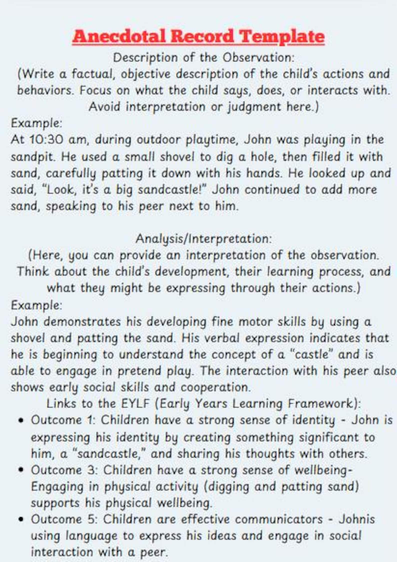 Anecdotal Record Template With Procedure on How to Do It, NQS, EYLF ...