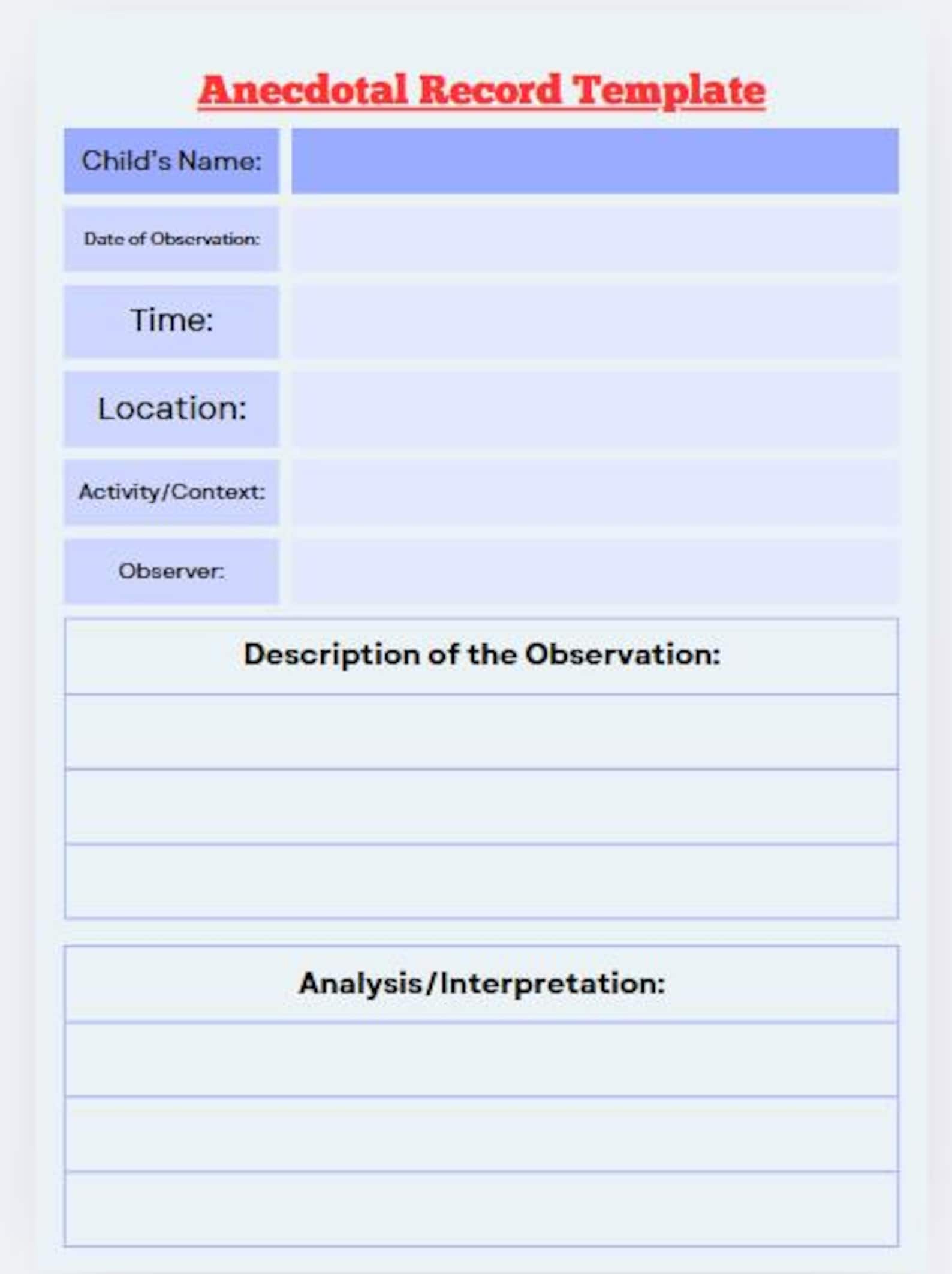 Anecdotal Record Template With Procedure on How to Do It, NQS, EYLF ...