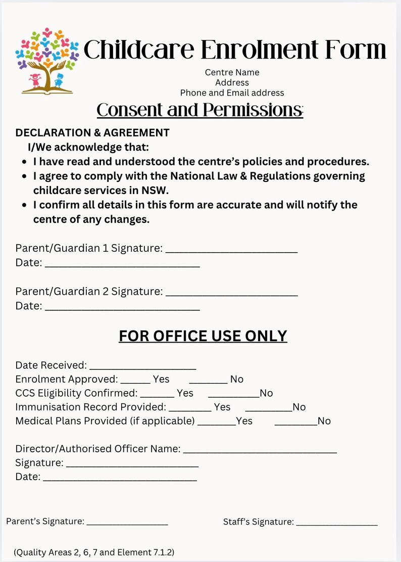 Customizable Childcare/school Enrolment Form, Enrolment Form, Childcare ...