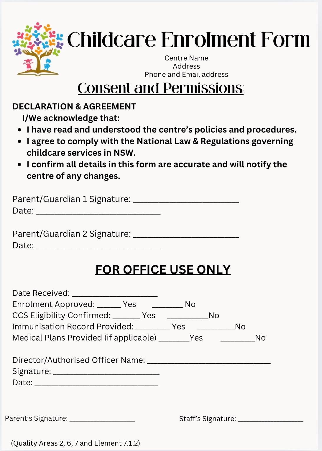 Customizable Childcare/school Enrolment Form, Enrolment Form, Childcare ...