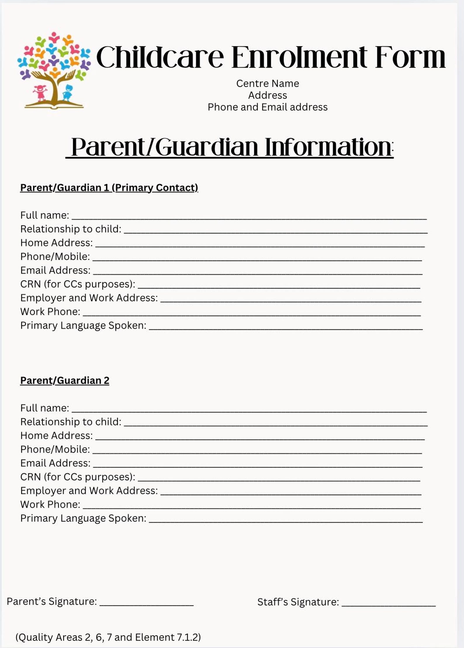 Customizable Childcare/school Enrolment Form, Enrolment Form, Childcare ...