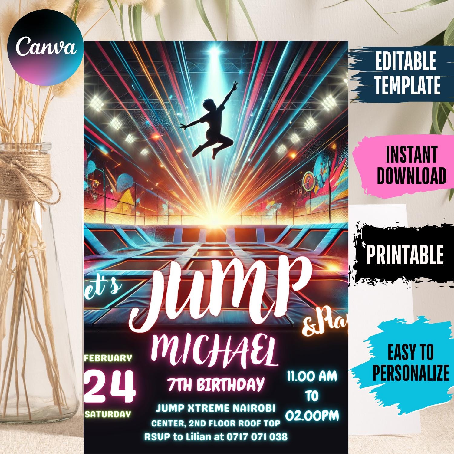 Trampoline Birthday Party Invitation: Editable Jump Theme (canva ...