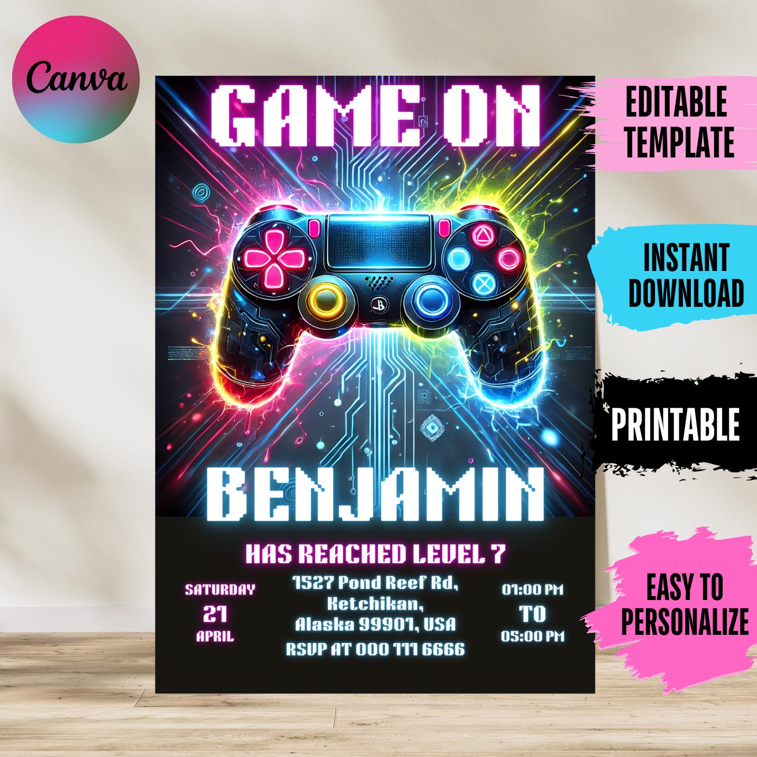 Video Game Birthday Invitation: Neon Arcade Party (printable Template ...