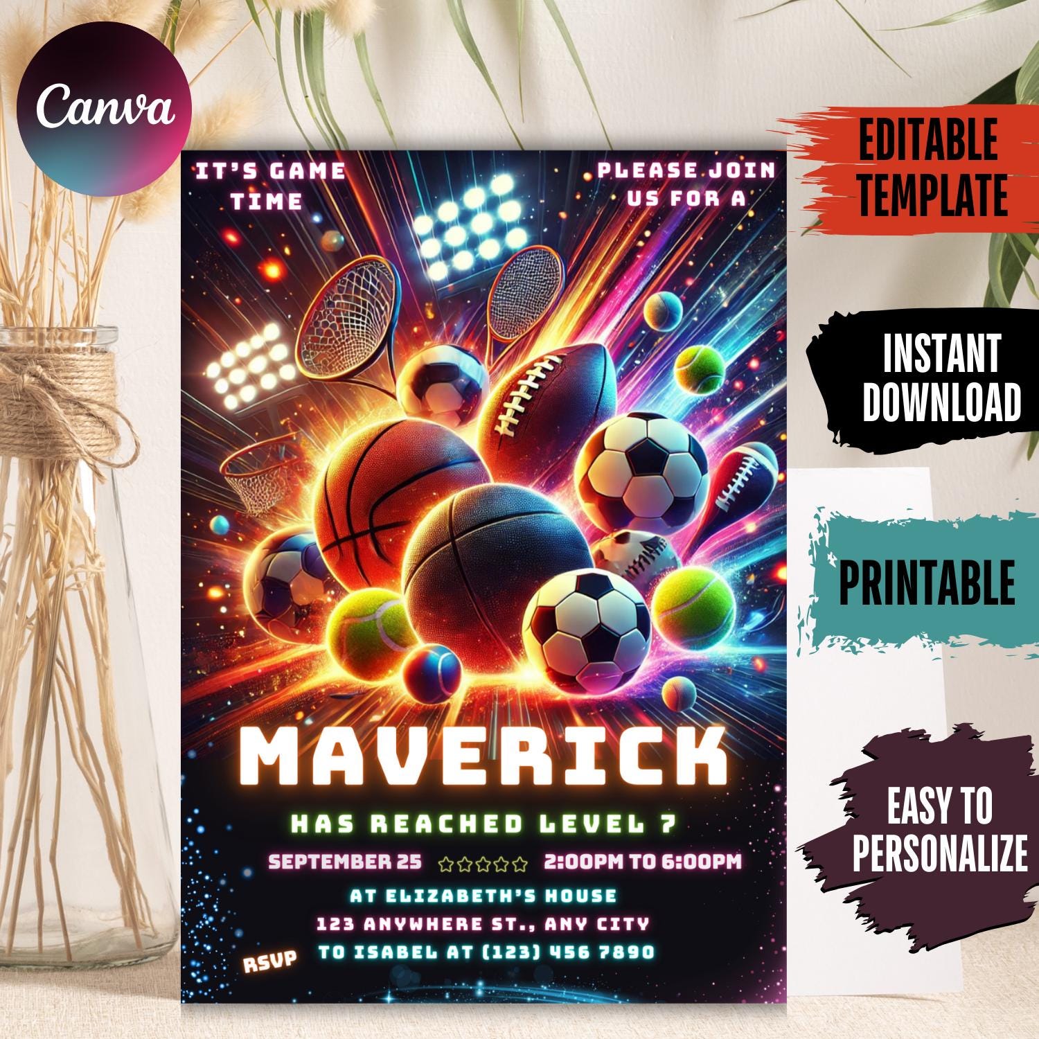 All-star Sports Birthday Invitation: Editable Template (5x7 Inches) - Etsy