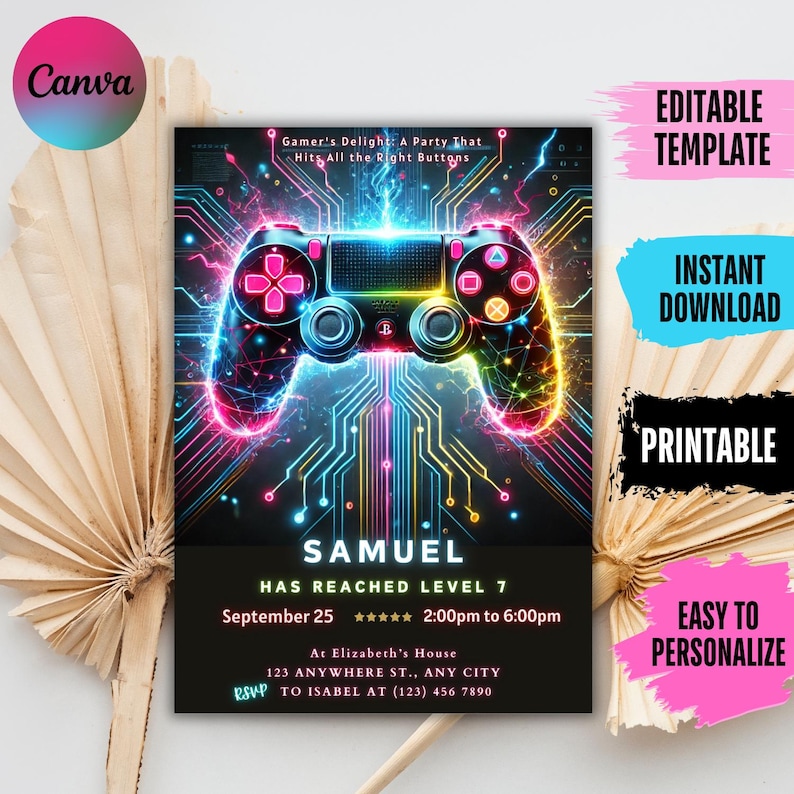 Editable Video Game Party Invitation Level up Birthday Invite Gamer Boy ...