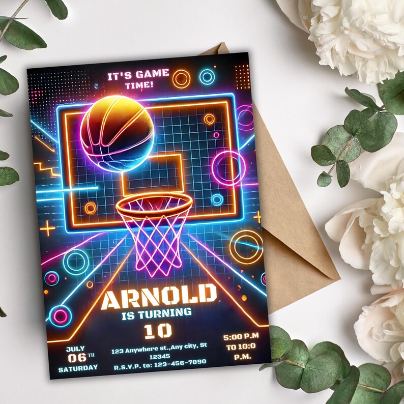 Basketball Birthday Invitation Template: Neon Sports Party (digital ...