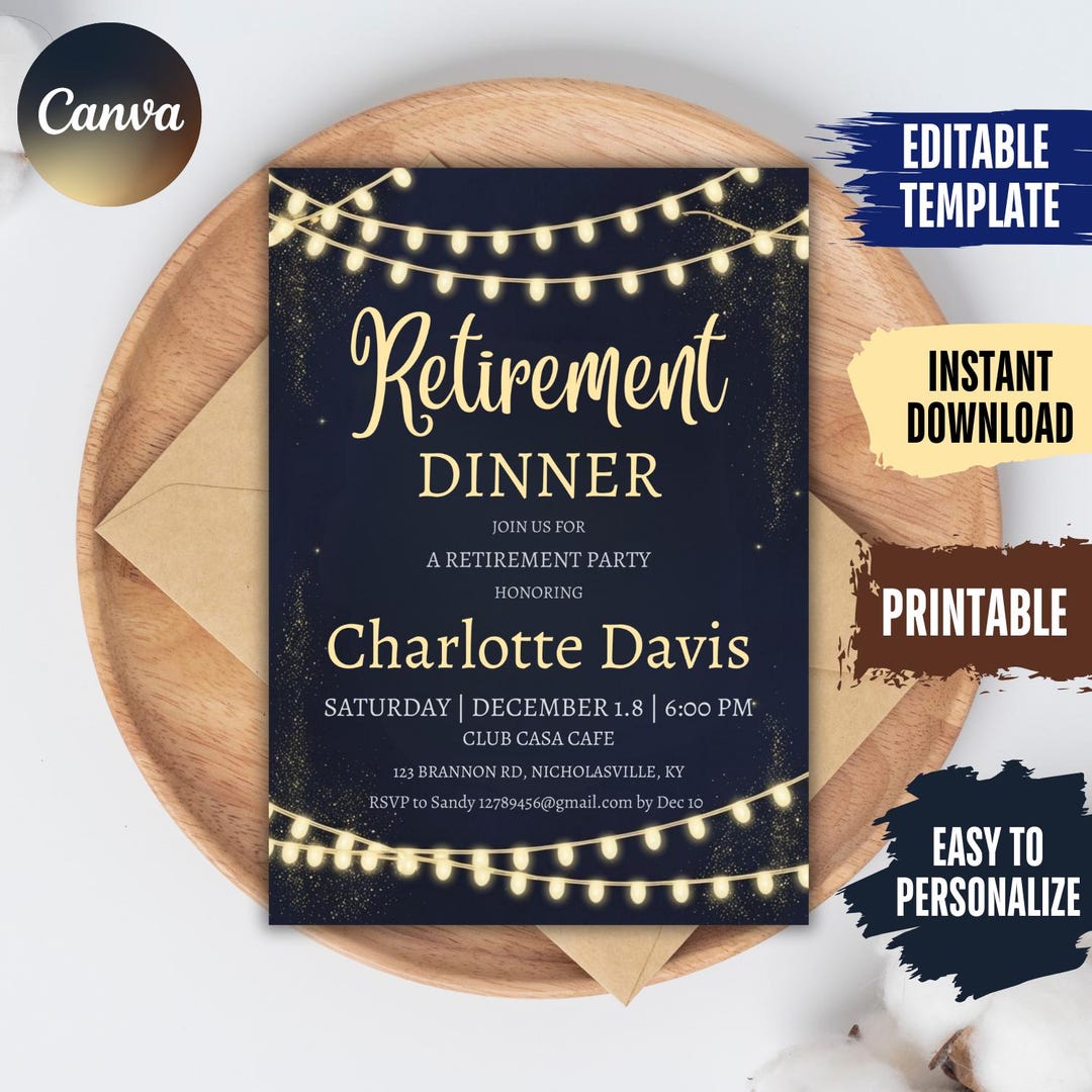Elegant Retirement Dinner Invitation: Black, White, Gold Glitter ...