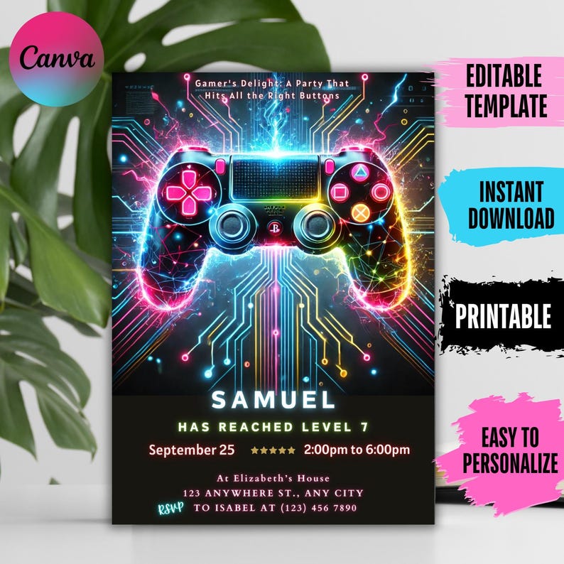 Editable Video Game Party Invitation Level up Birthday Invite Gamer Boy ...