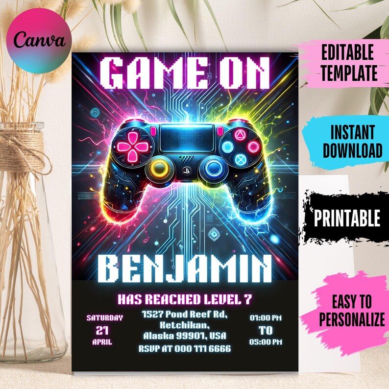 Video Game Birthday Invitation: Neon Arcade Party (printable Template ...