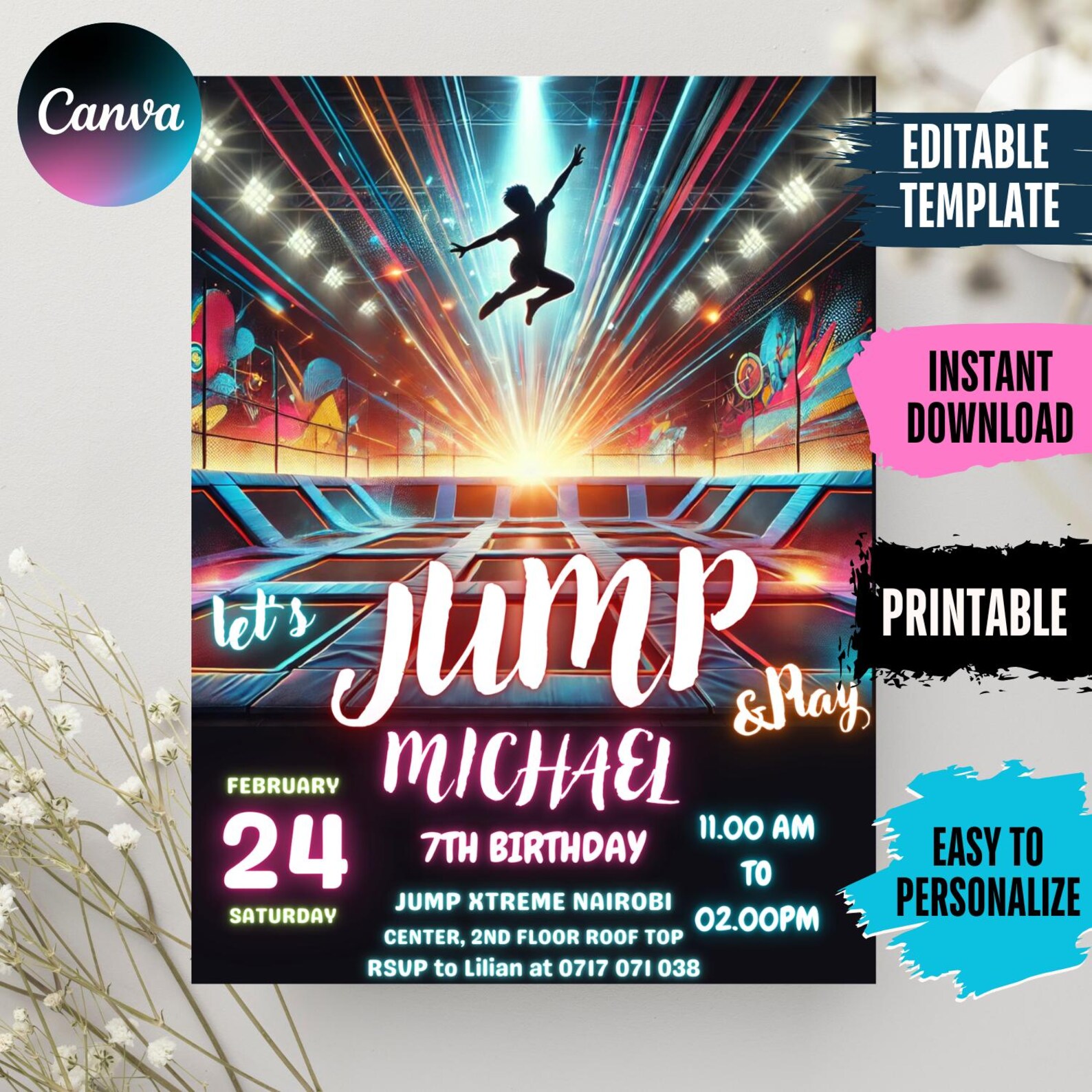 Trampoline Birthday Party Invitation: Editable Jump Theme (canva ...
