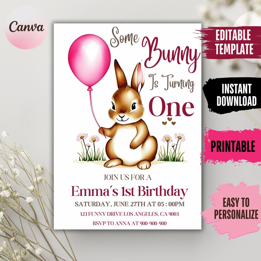 Editable Bunny Birthday Invitation Pink Floral Easter Rabbit Birthday ...