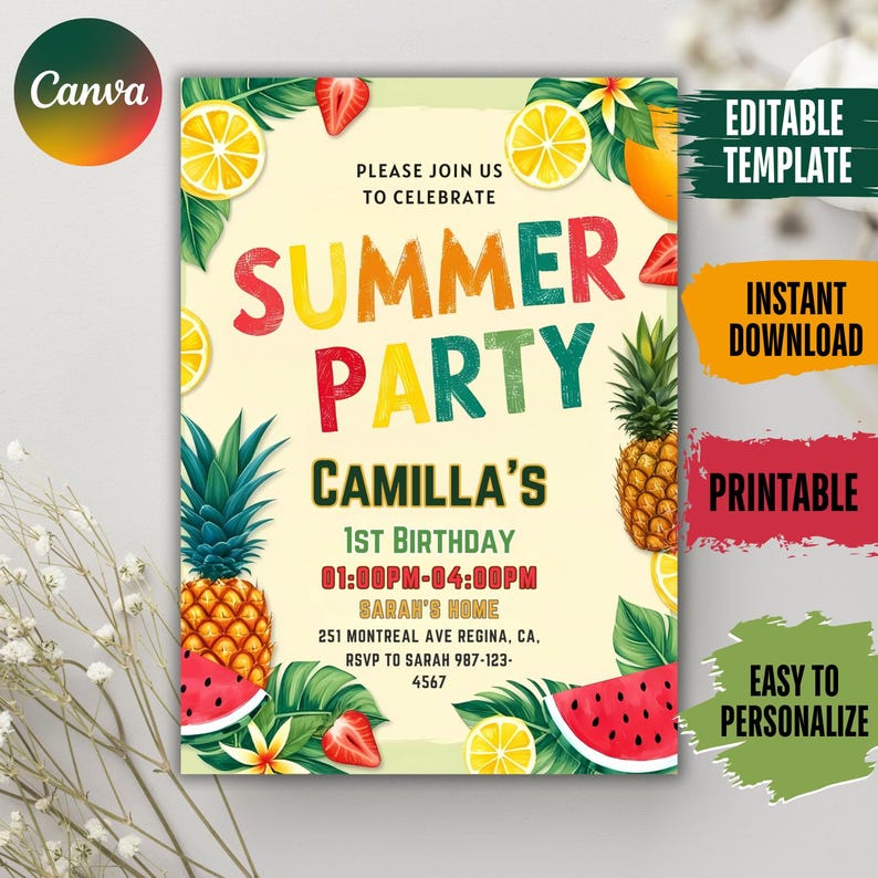 Editable Summer Party Invitation: Tropical Pool Party, 5x7 (canva ...