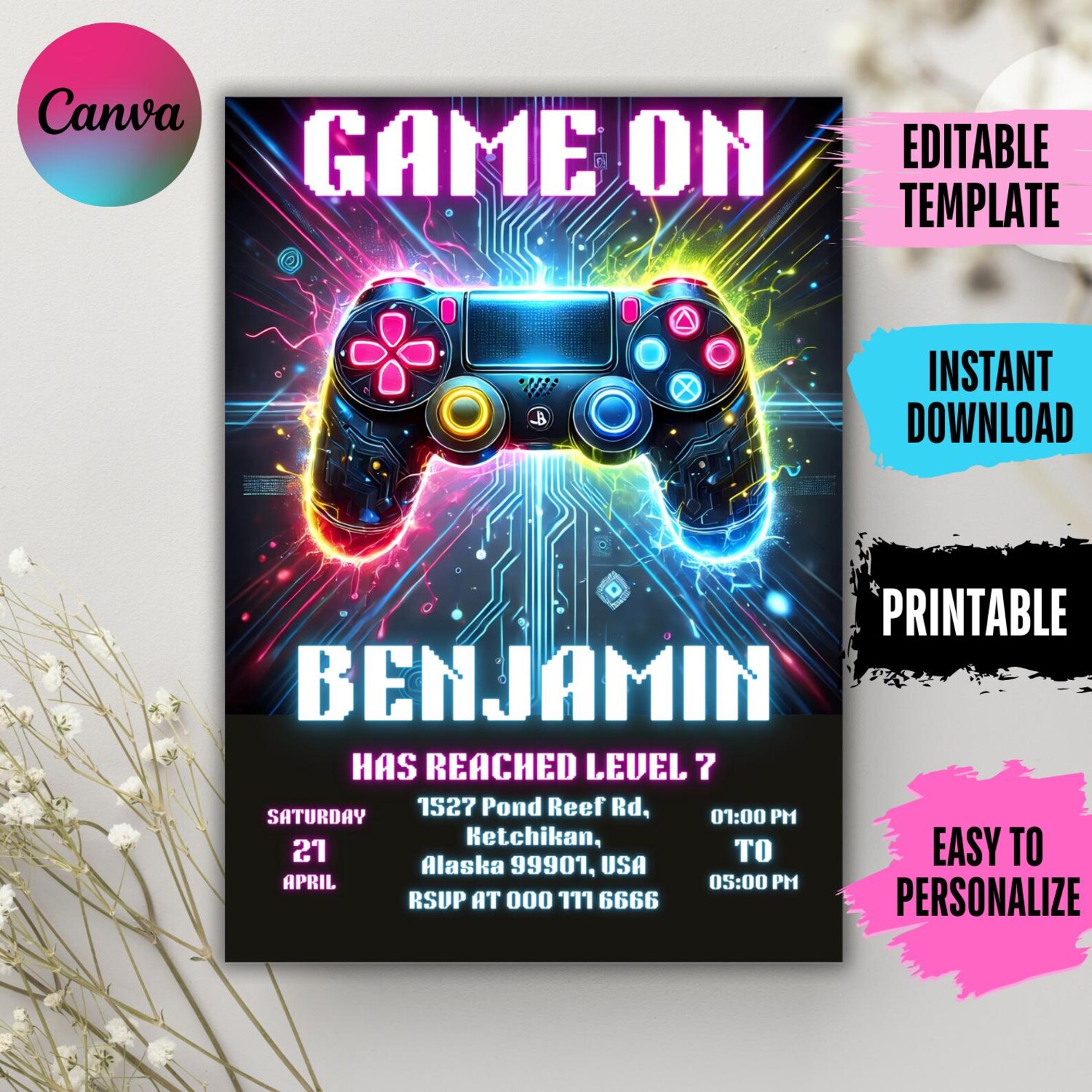 Video Game Birthday Invitation: Neon Arcade Party (printable Template ...