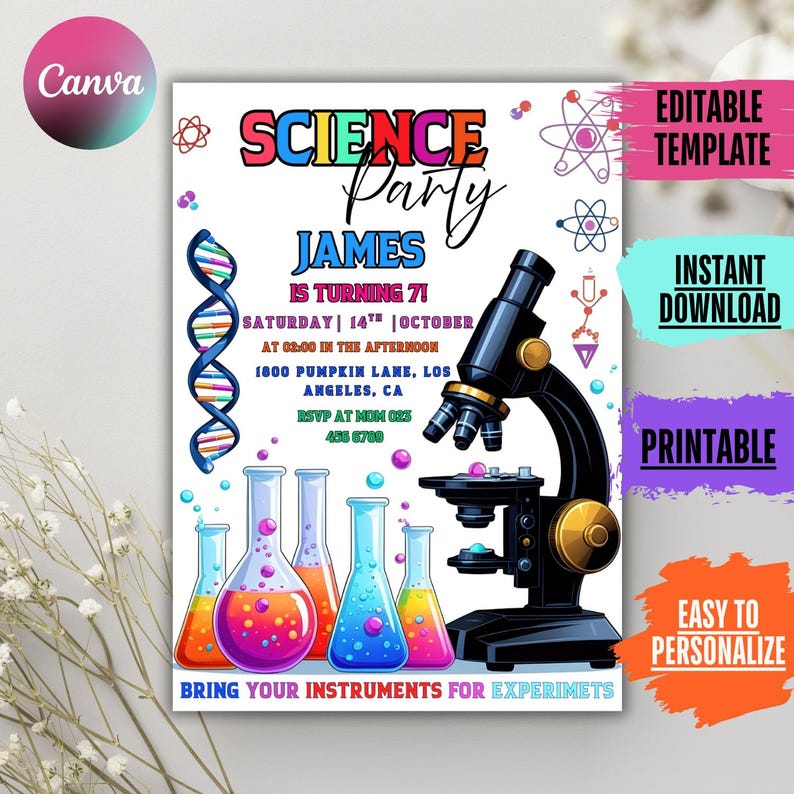 Mad Science Birthday Invitation: Neon Lab, Editable Canva Template - Etsy