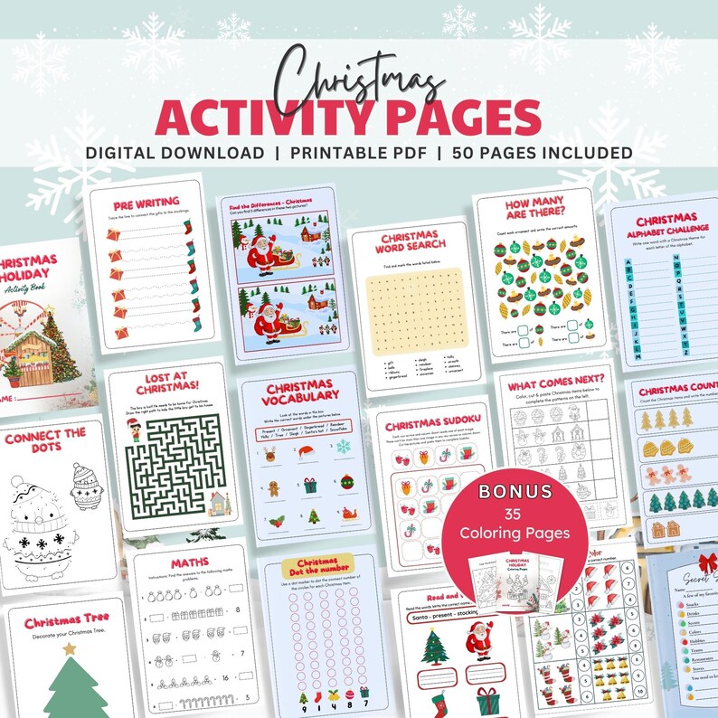 50 Christmas Activity Pages, Christmas Coloring Pages, Christmas ...