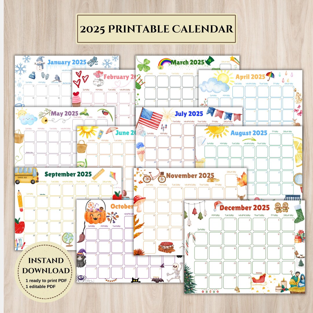 2025 Printable Calendars for Kids, Editable PDF Download, Homeschool ...