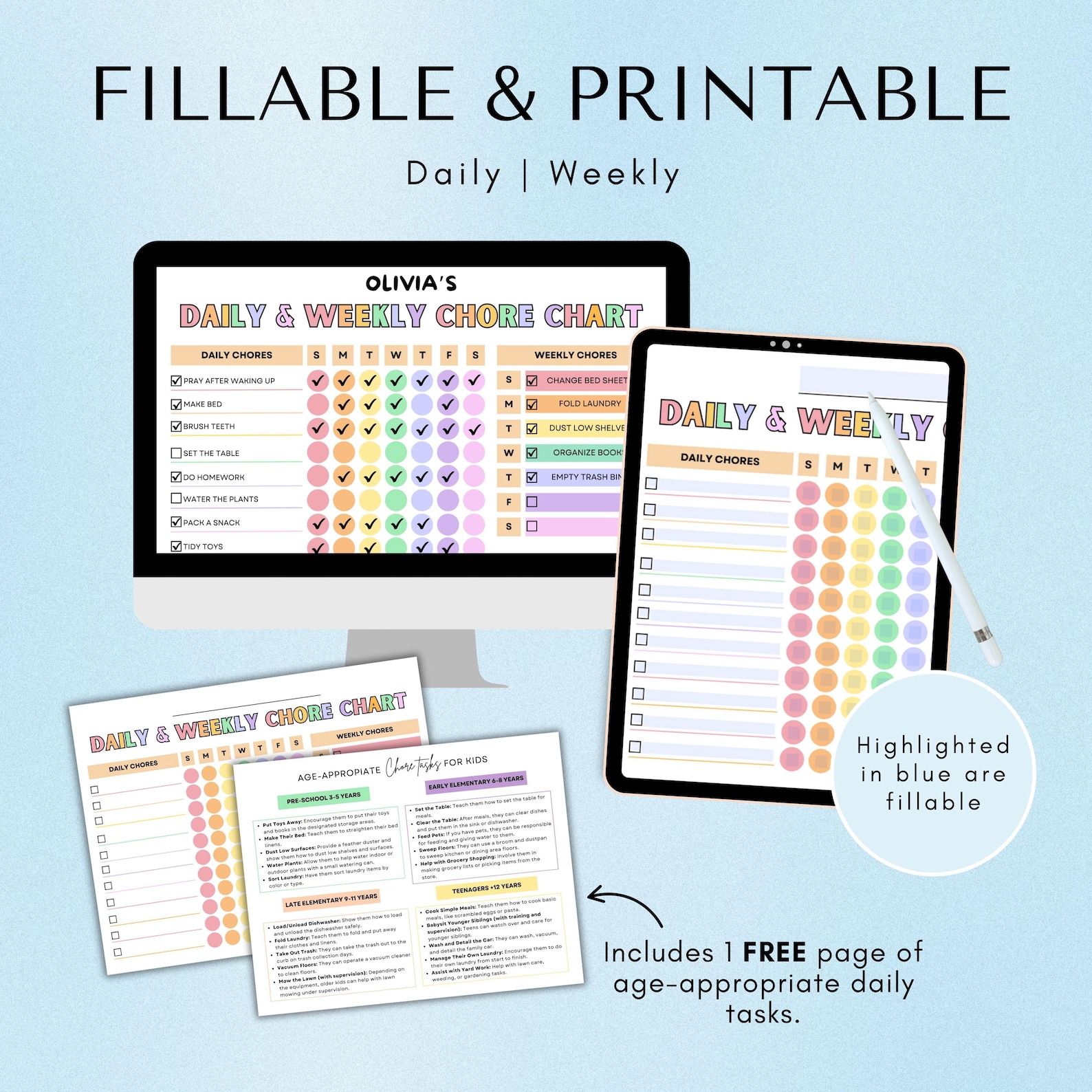 Kids Chore Chart Printable: Editable Daily & Weekly Tasks (digital ...