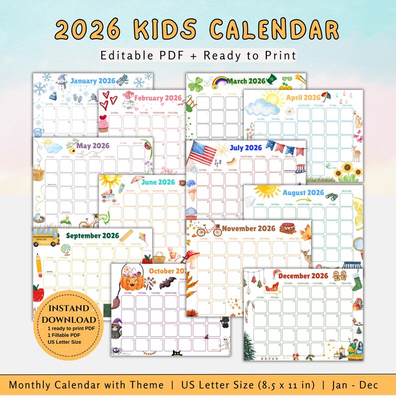 2026 Kids Calendar, Monthly Theme, School Classroom Wall Calendar ...