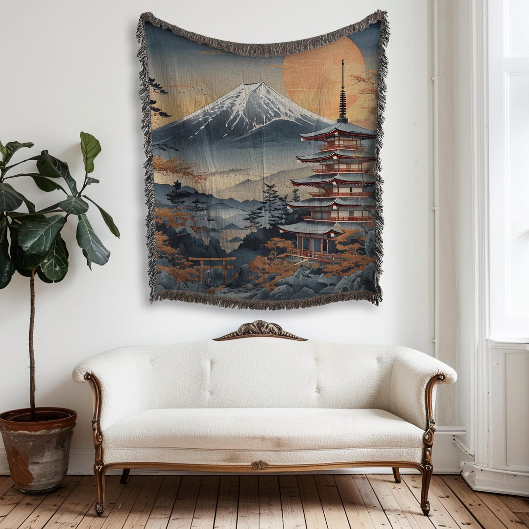 Japan Mount Fuji Woven Throw Blanket, Pagoda Blanket, Woven Throw ...