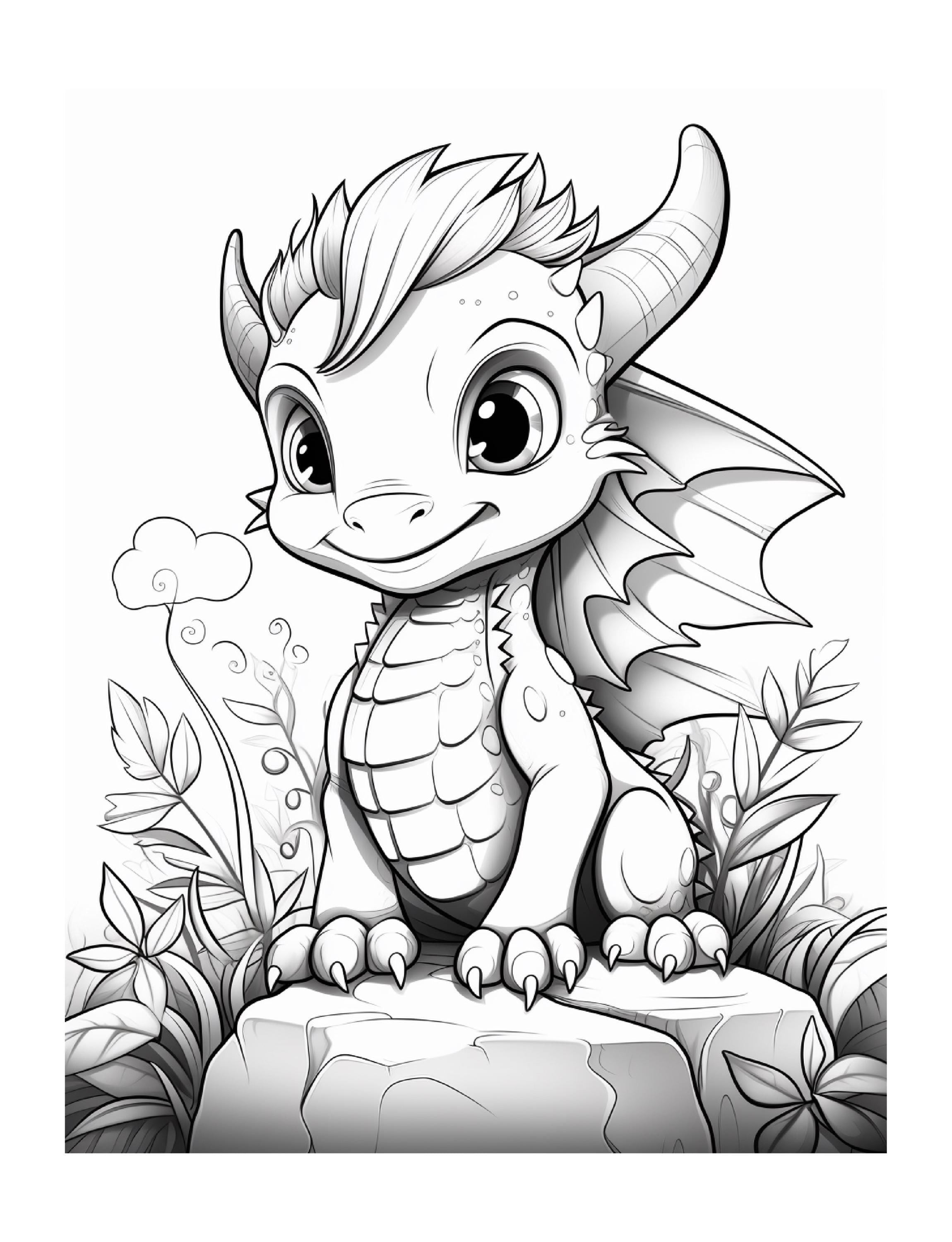 Cute Dragon Coloring Pages for Kids & Adults, Printable Fantasy Art ...