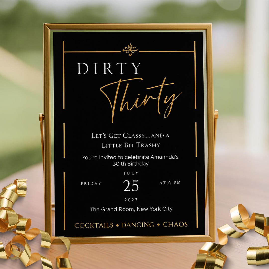 Black Gold Dirty 30 Invitation Digital Download | Elegant 30th Birthday ...