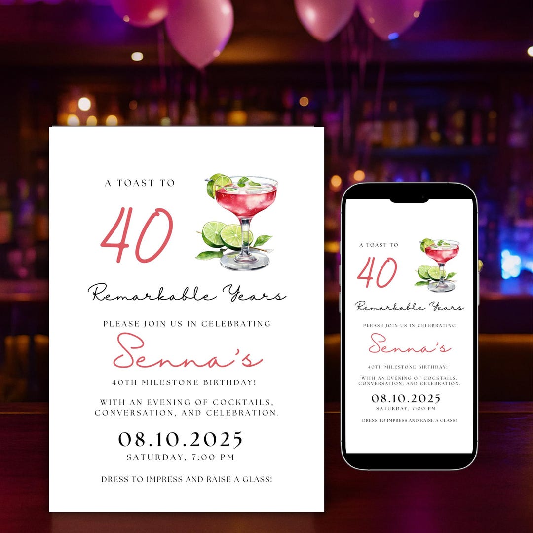 Editable 40th Birthday Cocktail Party Invitation, Signature Drink Sign ...