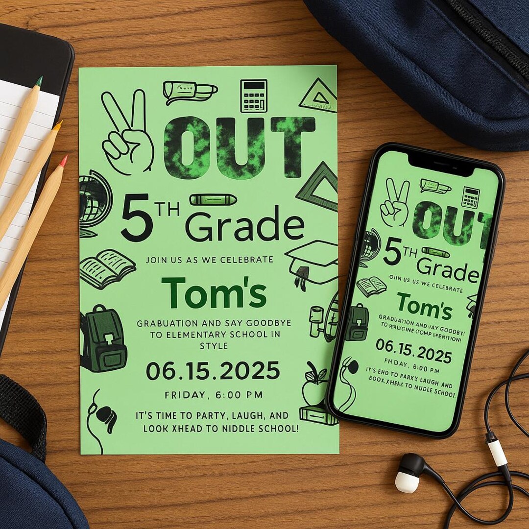 Editable 5th Grade Graduation Invite for Boys, Fun End of School Party ...