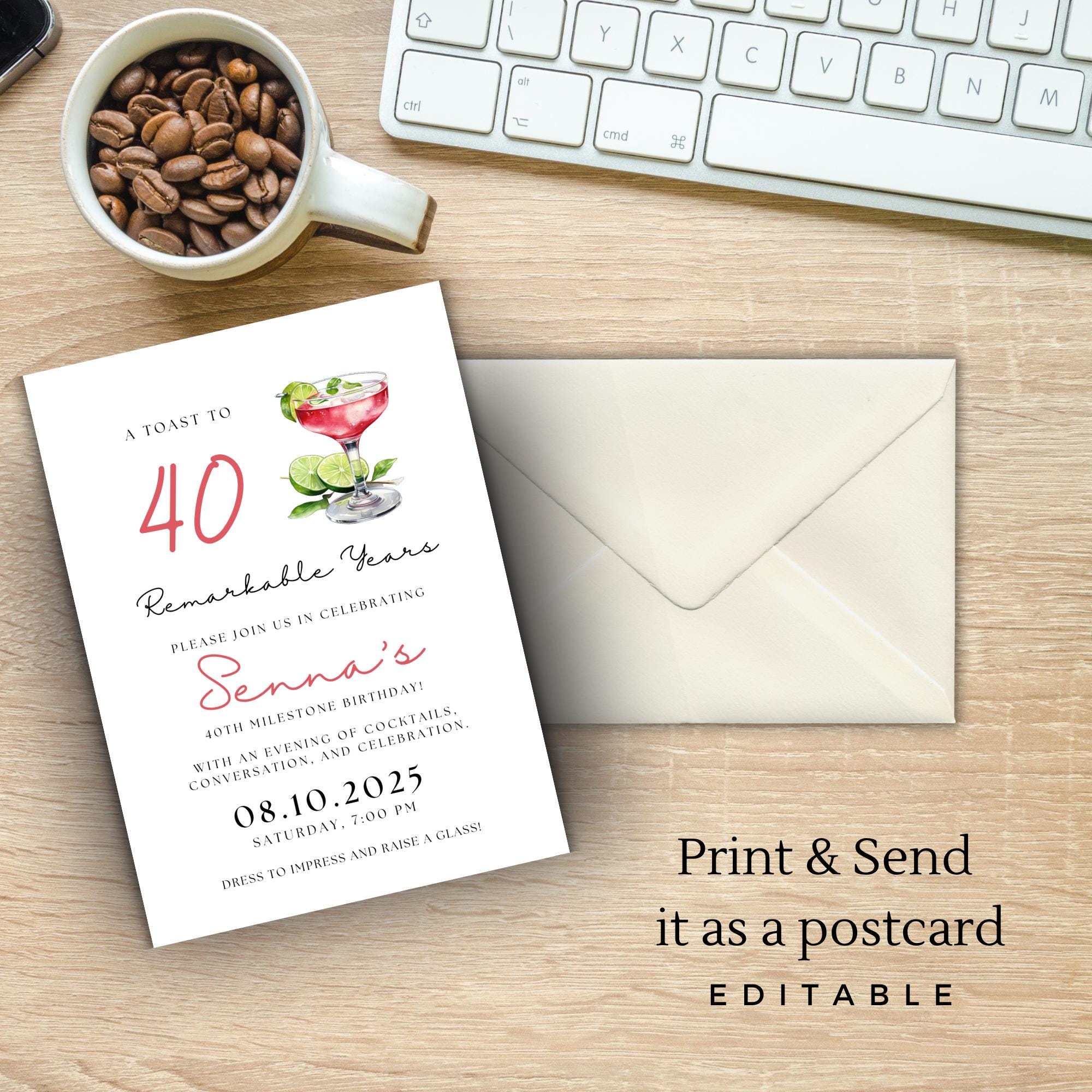Editable 40th Birthday Cocktail Party Invitation, Signature Drink Sign ...