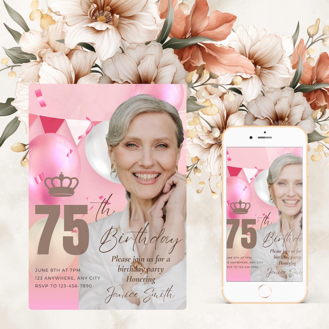 75th Birthday Invitation With Photo Template, in Fancy Pink, Digital En ...