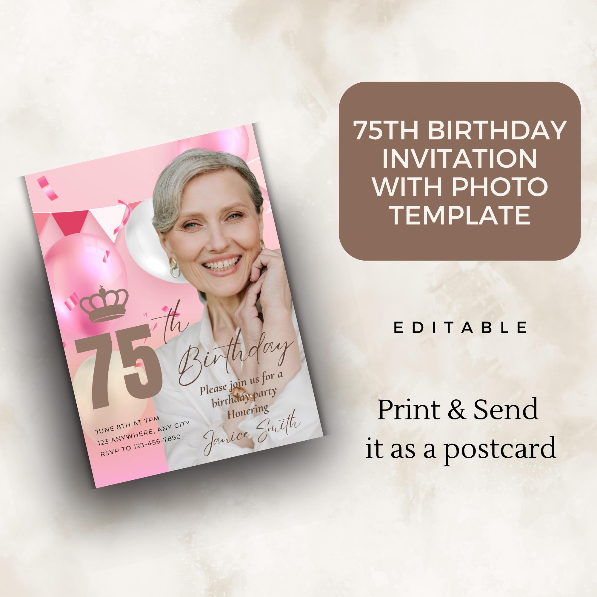 75th Birthday Invitation With Photo Template, in Fancy Pink, Digital En ...