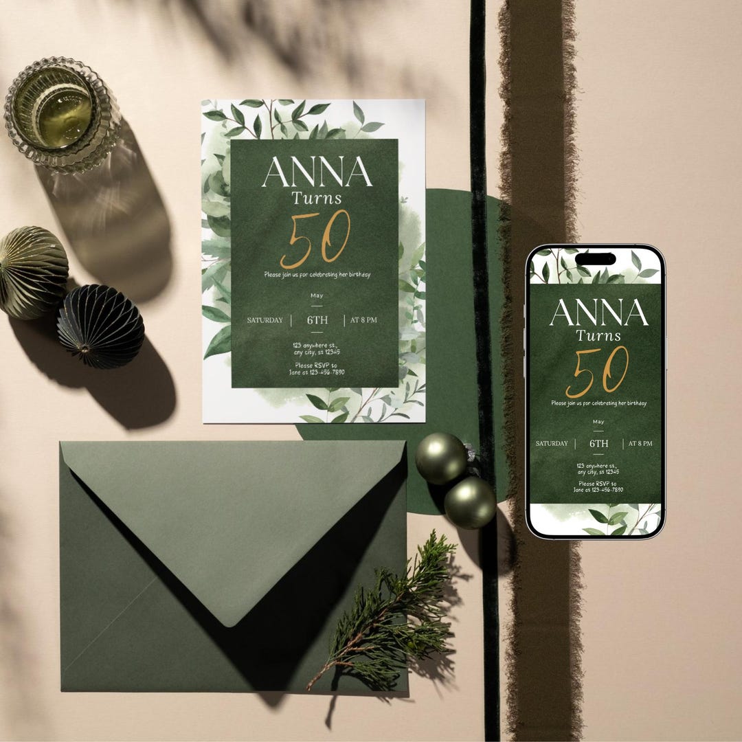 Elegant 50th Birthday Invitation for Women: Greenery Canva Template ...