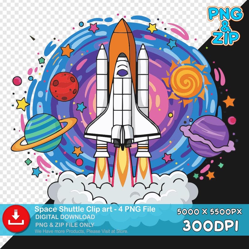 Space Shuttle Clipart, Astronaut, Rocket, Galaxy, Planets, Digital PNG ...