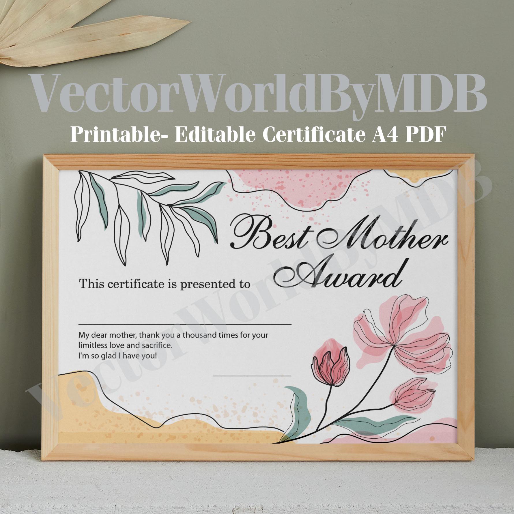 Printable - Editable Best Mother Award Certificate PDF Template ...