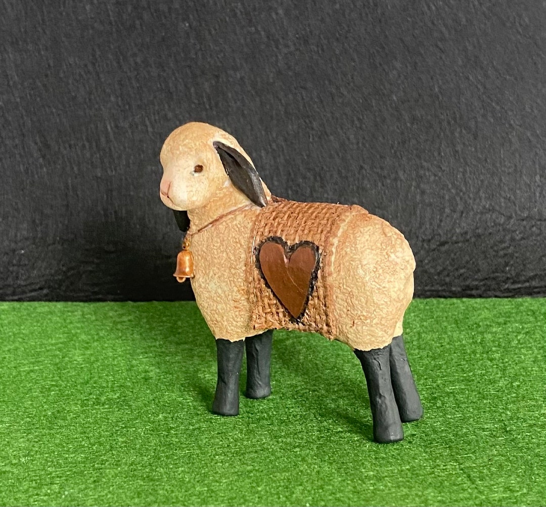 Hand Sculpted, Hand Painted Polymer Clay Ewe, Bell Collar, Burlap Heart ...