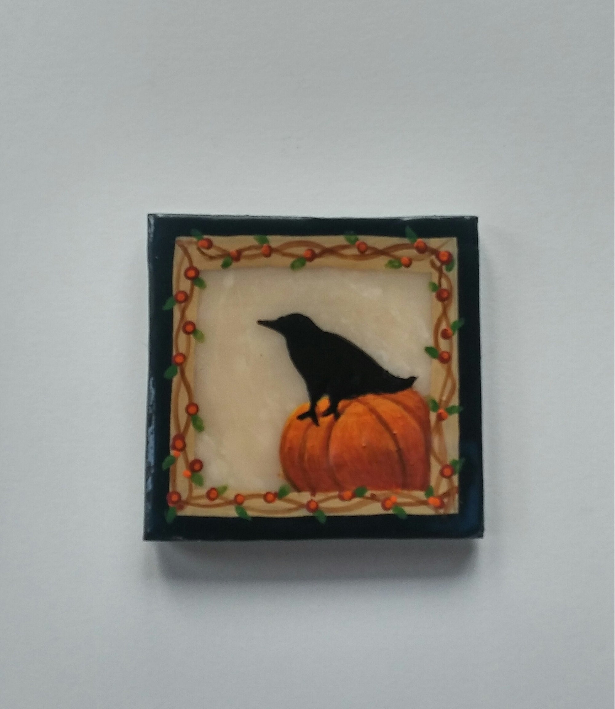 Hand Sculpted, Hand Painted Polymer Clay Raven/pumpkin Mini Tile With ...