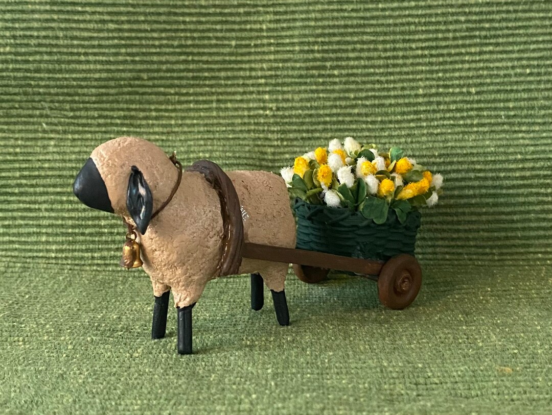 Hand Sculpted Sheep With Bell Collar Pulling Hand Built Cart With ...