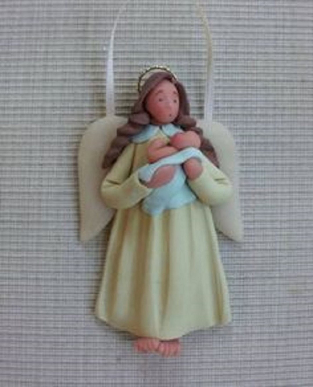 Hand Sculpted Polymer Clay Angel Ornament, Beige Dress Holding New Baby ...