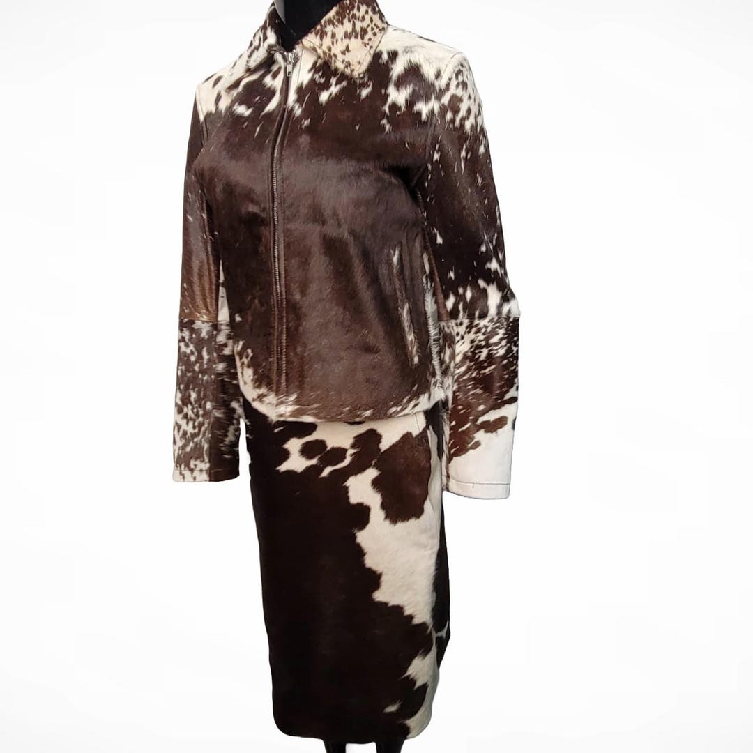 Cowhide Leather Jacket and Skirt Set Handmade Western Cow Print Outfit ...