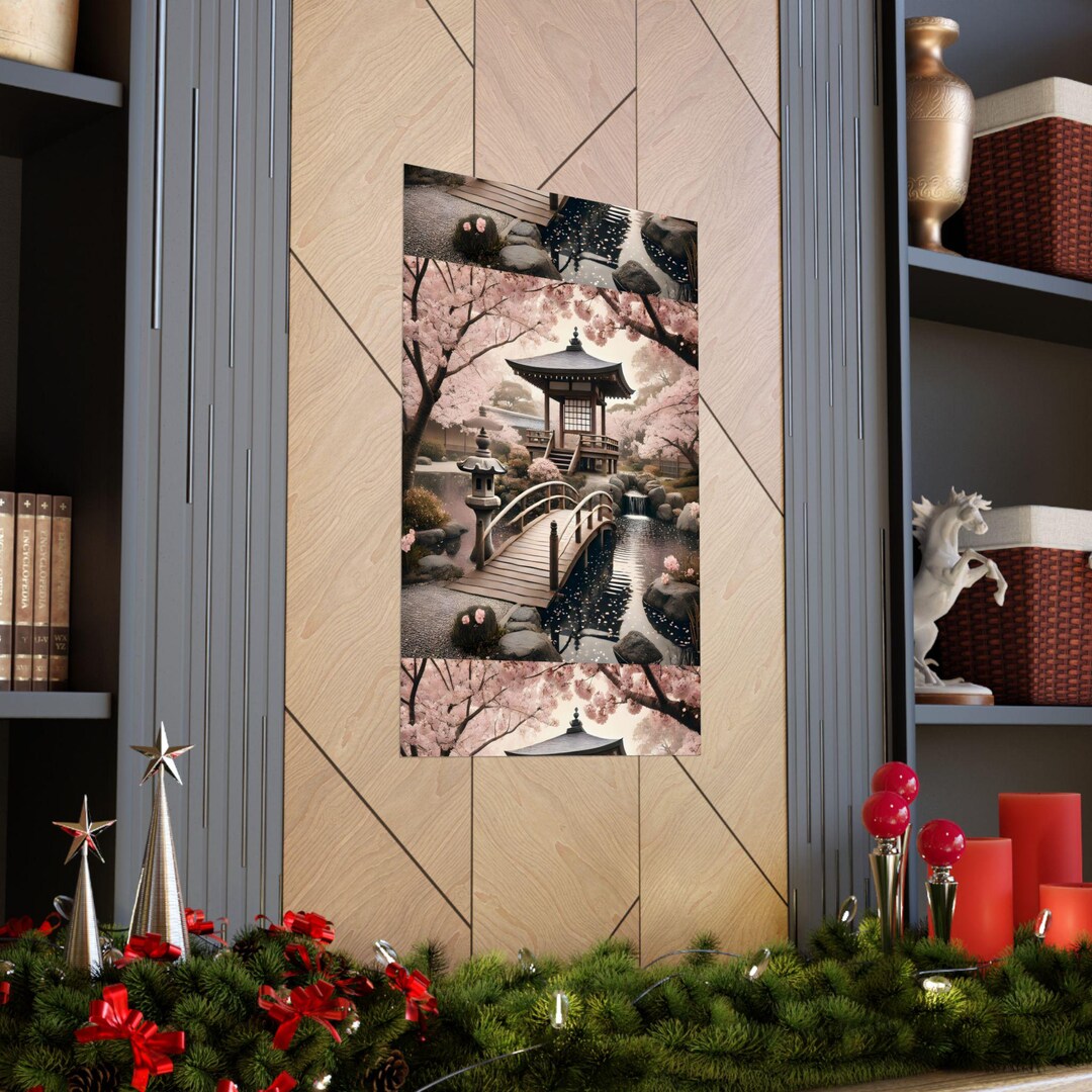 Vertical Sakura Pavilion Matte Poster, Japanese Cherry Blossom Wall Art ...