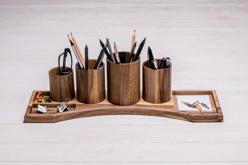 Premium Walnut Desk Organizer, Desktop Office Organizer for Stationery ...