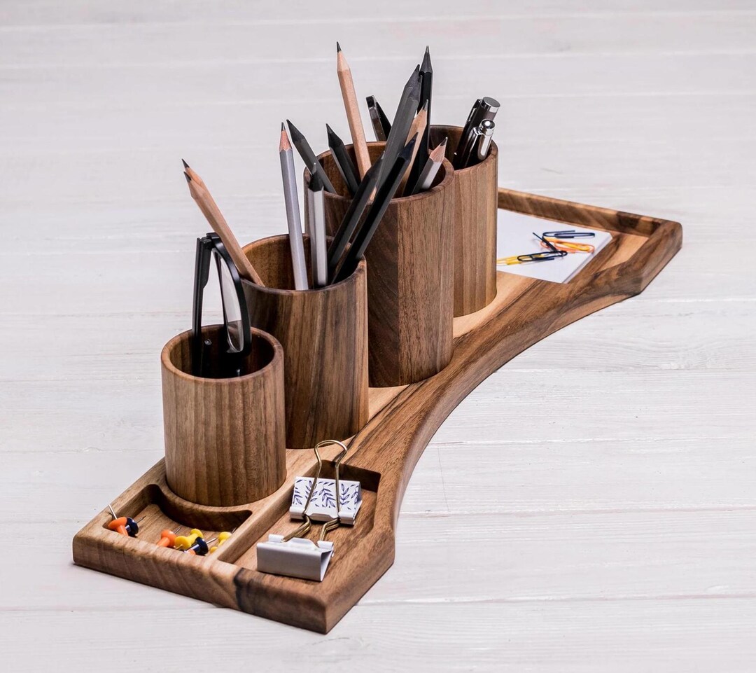 Premium Walnut Desk Organizer, Desktop Office Organizer for Stationery ...