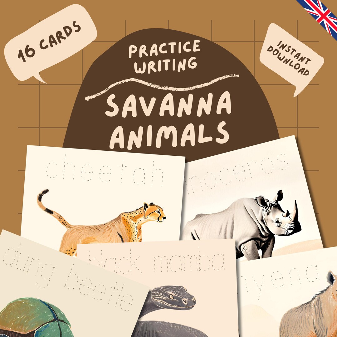 ENGLISH Vocabulary Cards Savannah Animals Learn to Write Printable ...