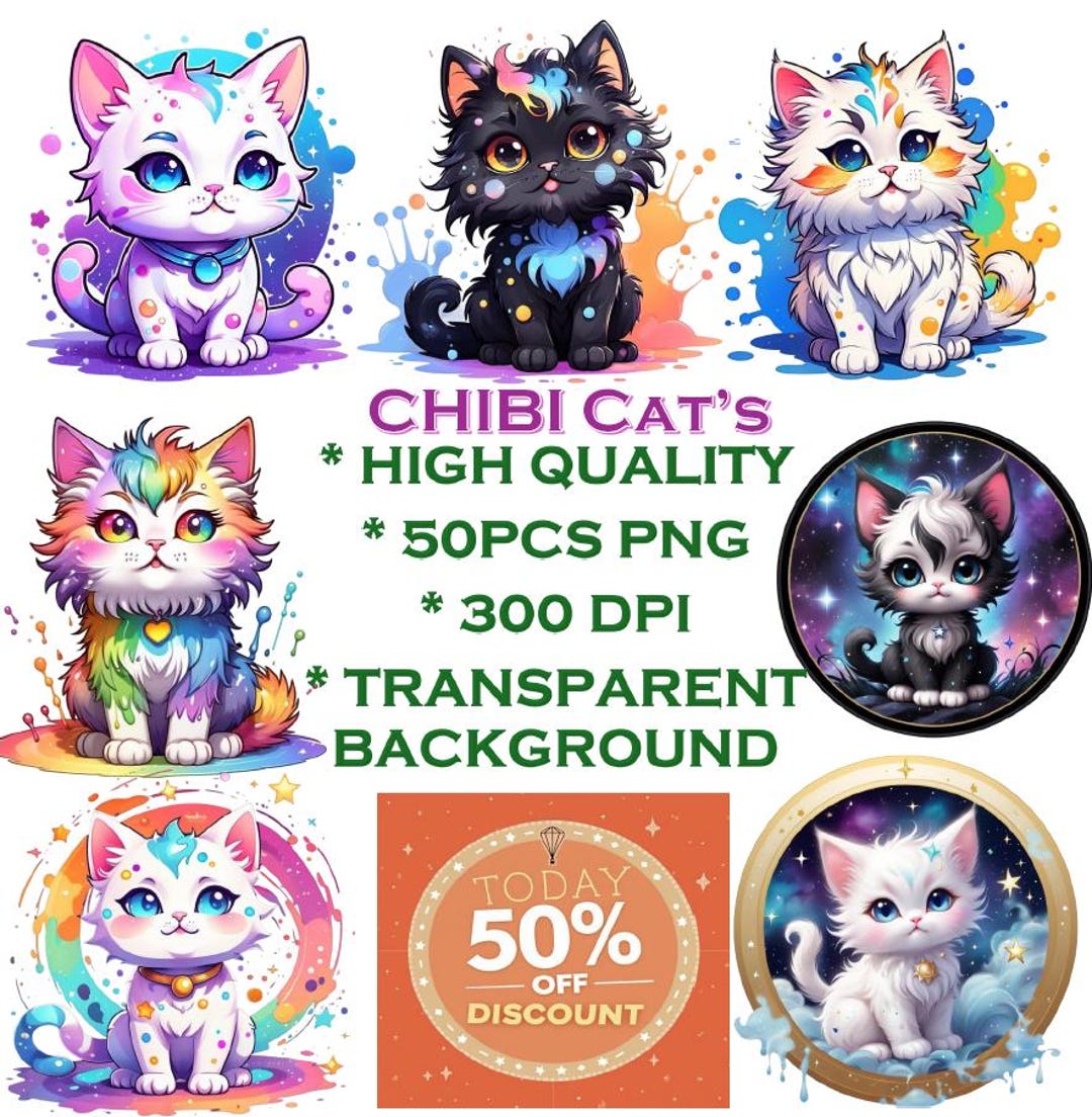 Chibi Cute Cats Clipart | 50 High-quality Pngs | 300 DPI | Transparent ...
