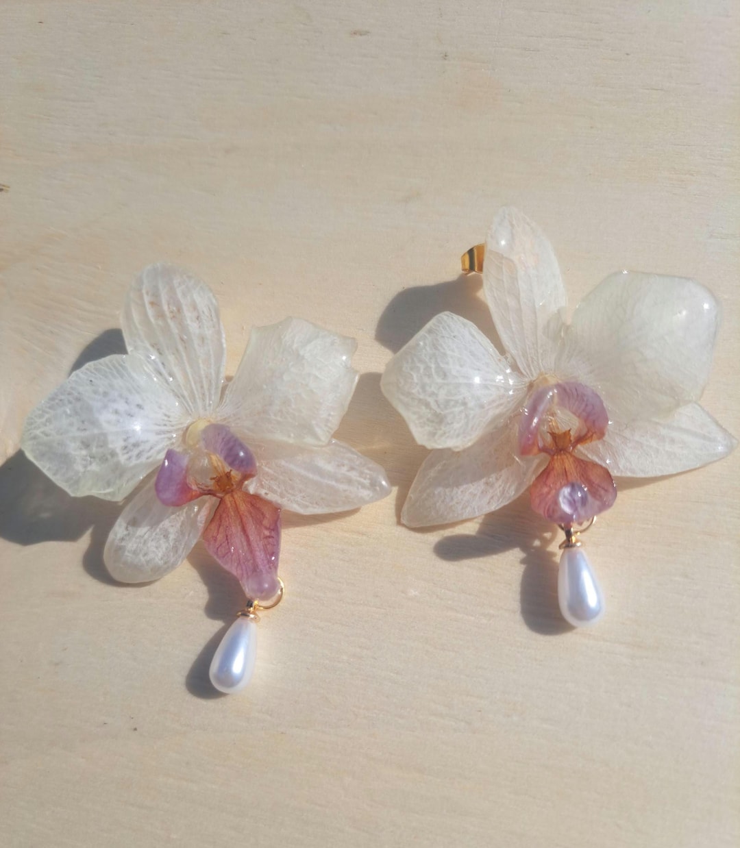 Real Orchid Flower Earrings for Brides, Pearl Earrings, Natural Resin ...
