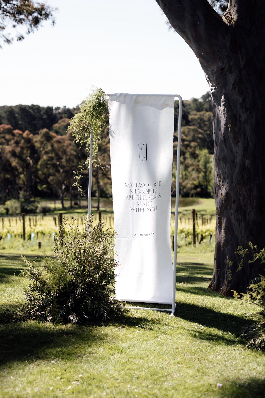 FOR HIRE - MELBOURNE | White Signage Stand for Hanging Linen Fabric ...