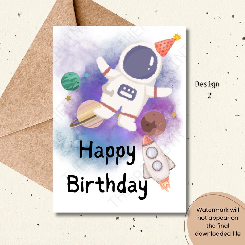 Printable Digital Birthday Card Space Astronaut Galaxy Theme Rocket ...
