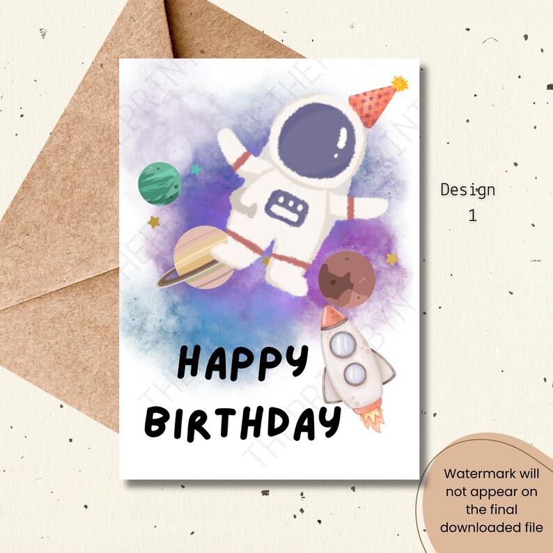Printable Digital Birthday Card Space Astronaut Galaxy Theme Rocket ...
