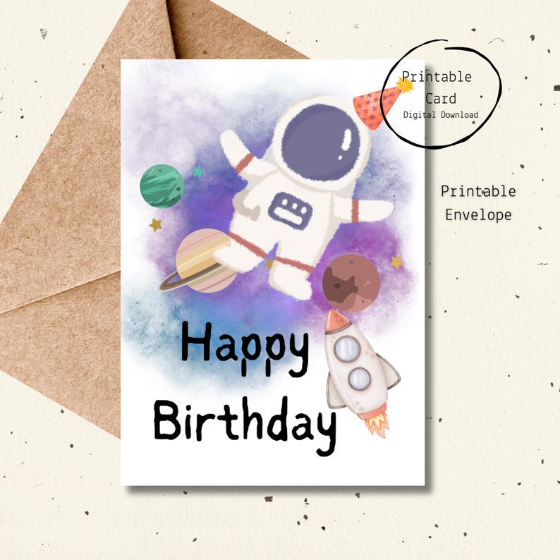 Printable Digital Birthday Card Space Astronaut Galaxy Theme Rocket ...