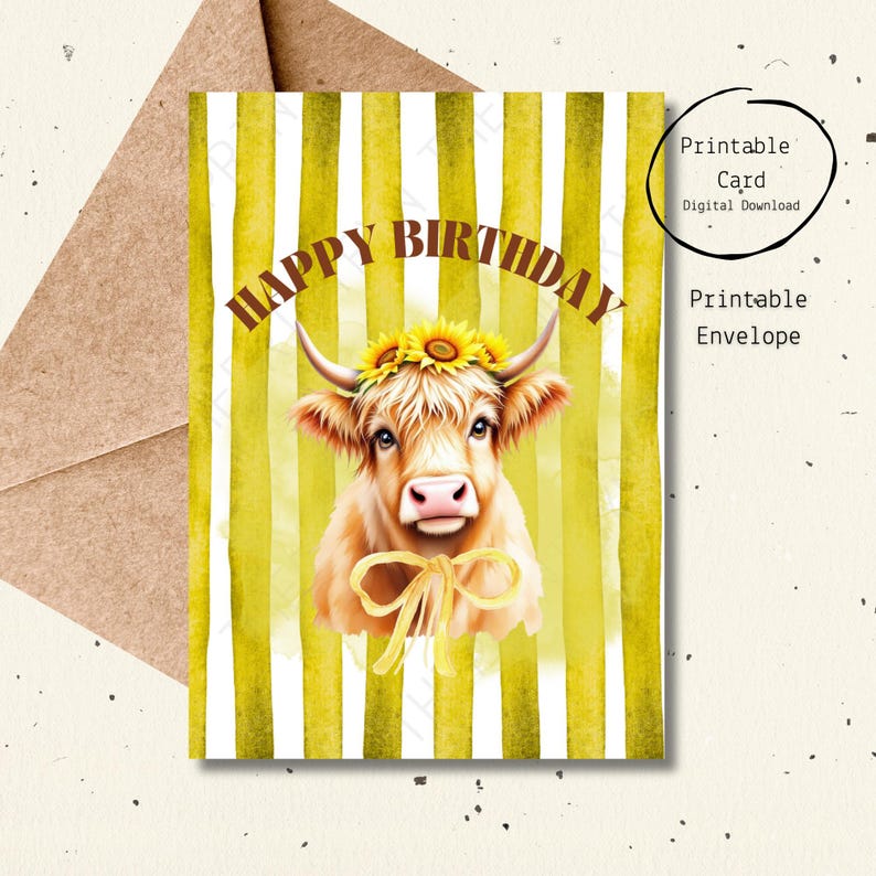 Printable Digital Birthday Card Rustic Highland Cow Watercolor Stripe ...