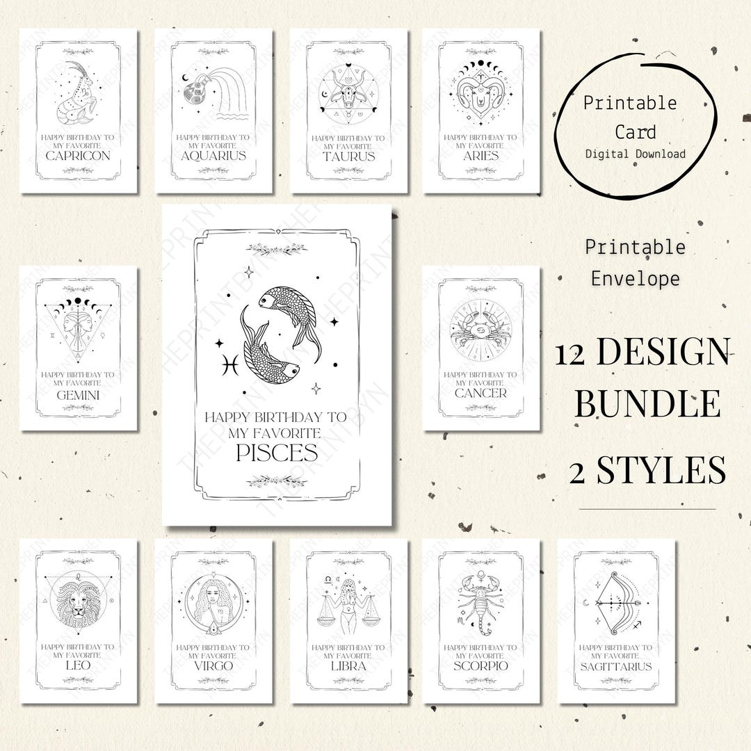 Printable Digital Birthday Zodiac Sign 12 Birthday Card Bundle Pack ...